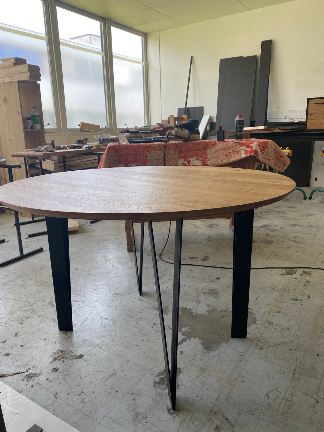 Round Table in Solid Oak and Steel Pin Footing. - Etsy