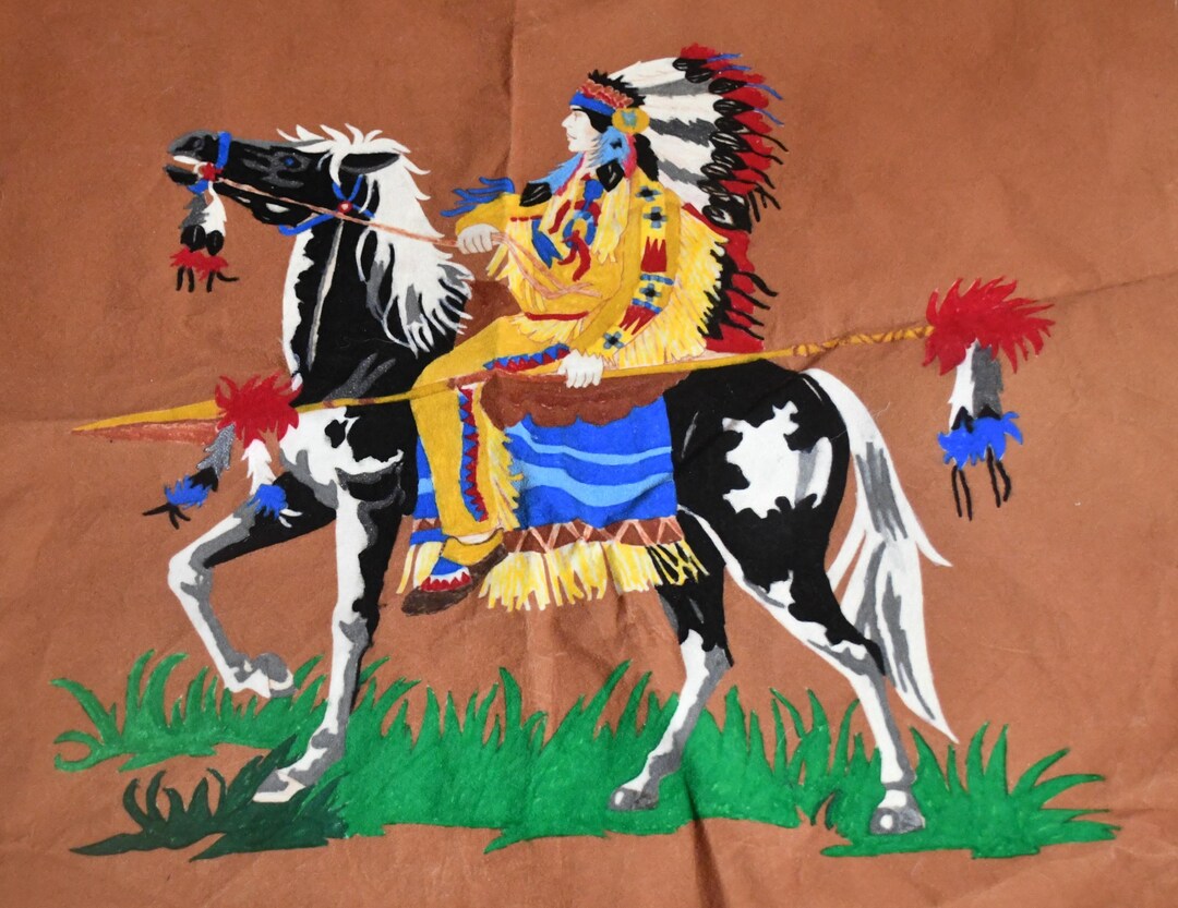 Vintage Artex Hand Painted Native American Warrior on Horseback Riding ...
