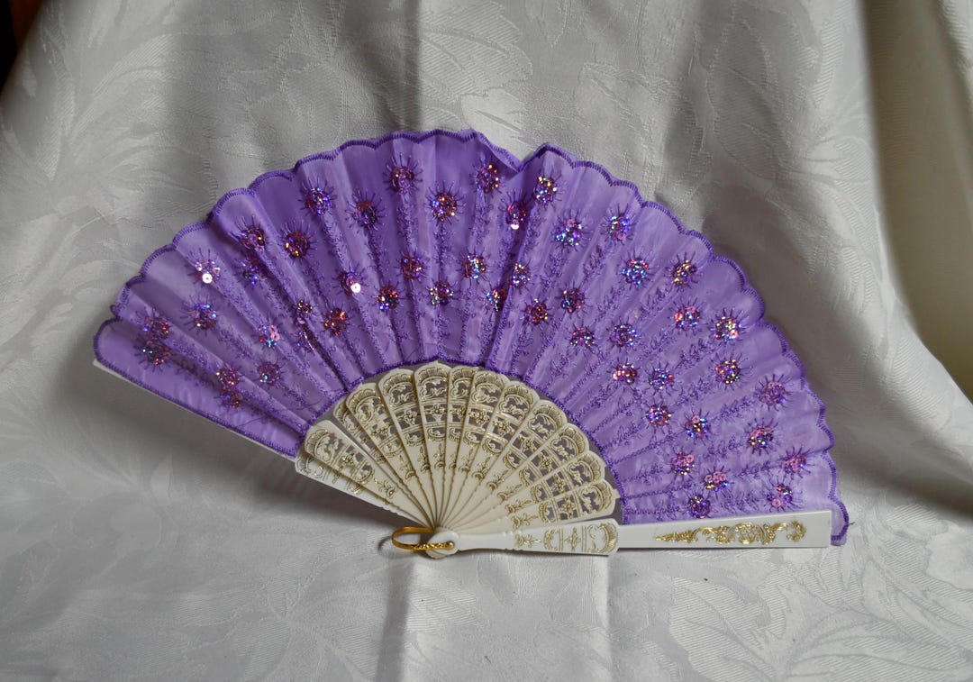 Vintage Asian Hand Fan- Gold, Purple and White With Multi-colored ...