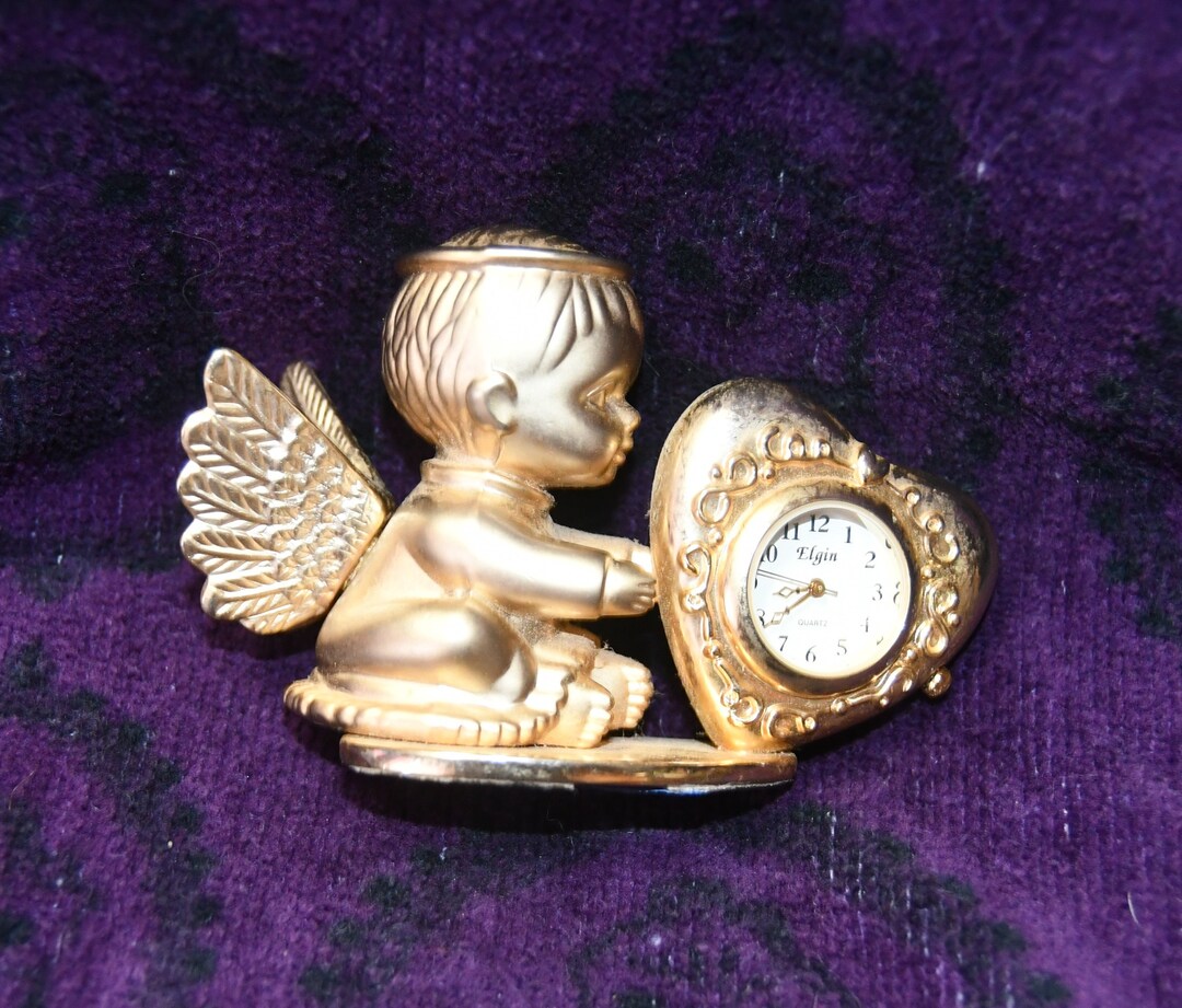 Vintage Elgin Goldtone Angel With Wings Holding Heart - Miniature ...
