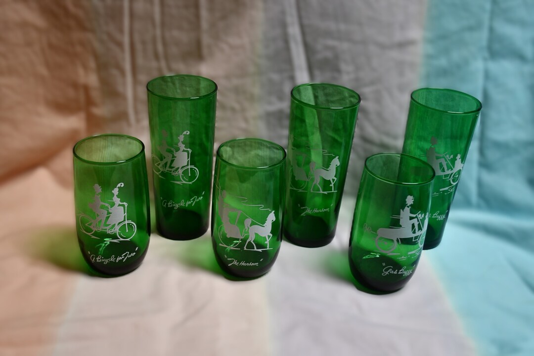 Mid Century Anchor Hocking Set of 6 Emerald Green Glasses W/raised Enamel Paint-tall 14 & Twin ...