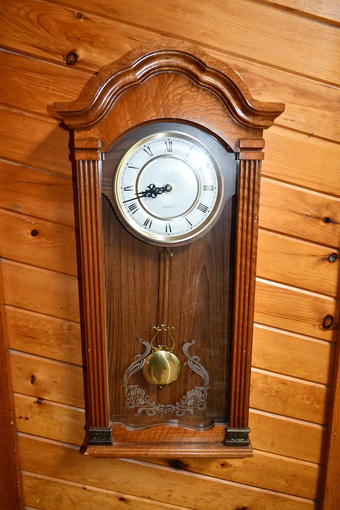 Vintage Tochigi Tokei Wood Framed/etched Glass Quartz Pendulum Wall ...