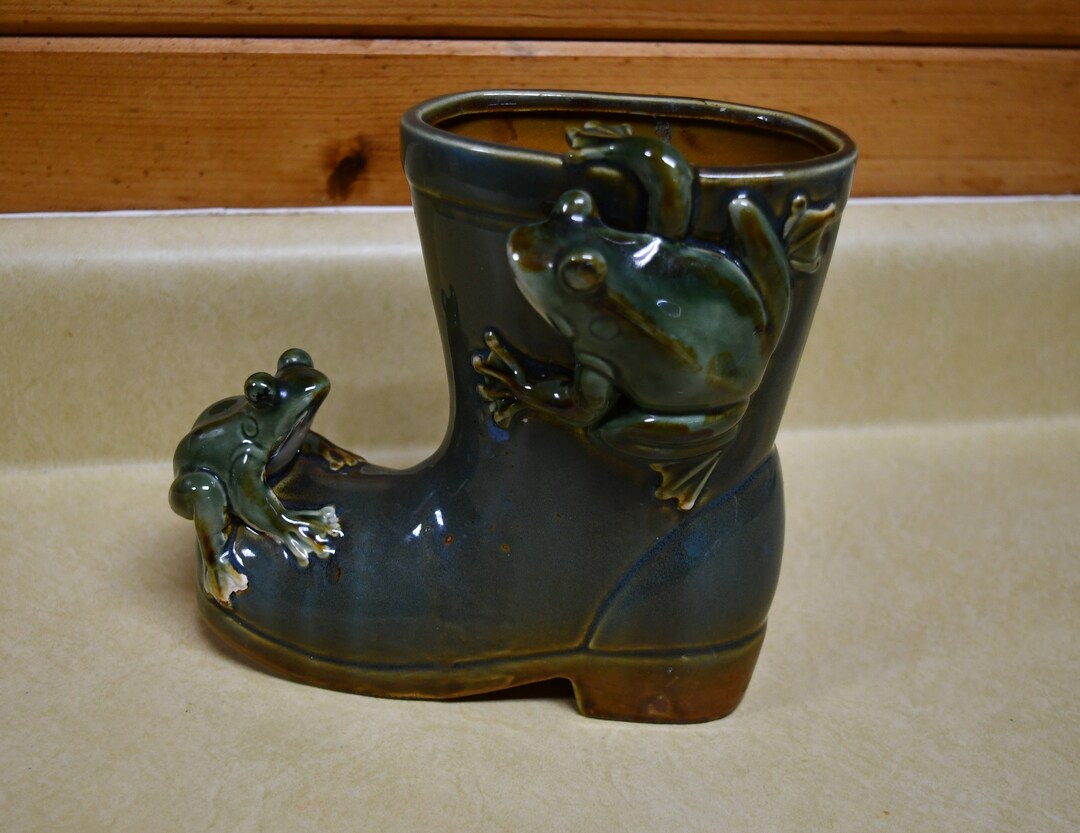 Vintage Boot Planter / Vase With Two Large Frogs Perched on It. One on ...