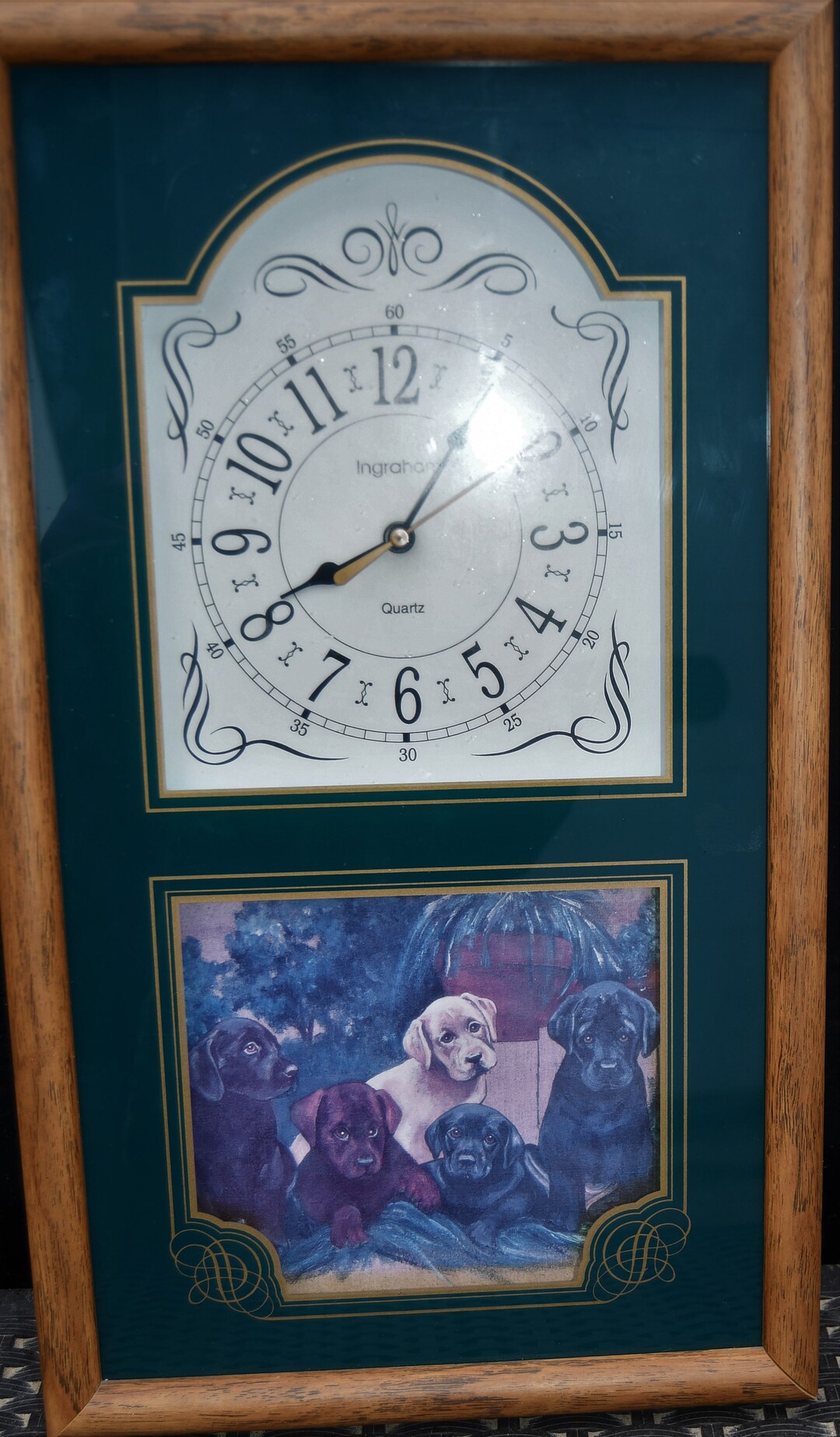 Vintage Ingraham Wood Framed Quartz Wall Clock Depicting 5 Labrador ...