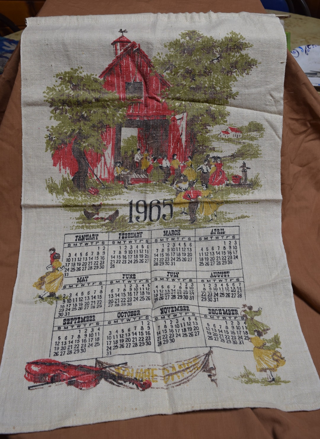 Vintage Calendar Towel / Wall Hanging / Tapestry - 1965 - Barn Dance ...