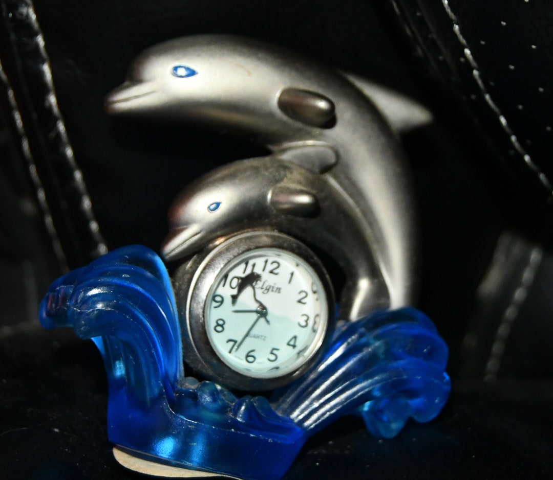 Vintage Elgin Brushed Silver 2 Jumping Dolphins Into Blue Wave ...