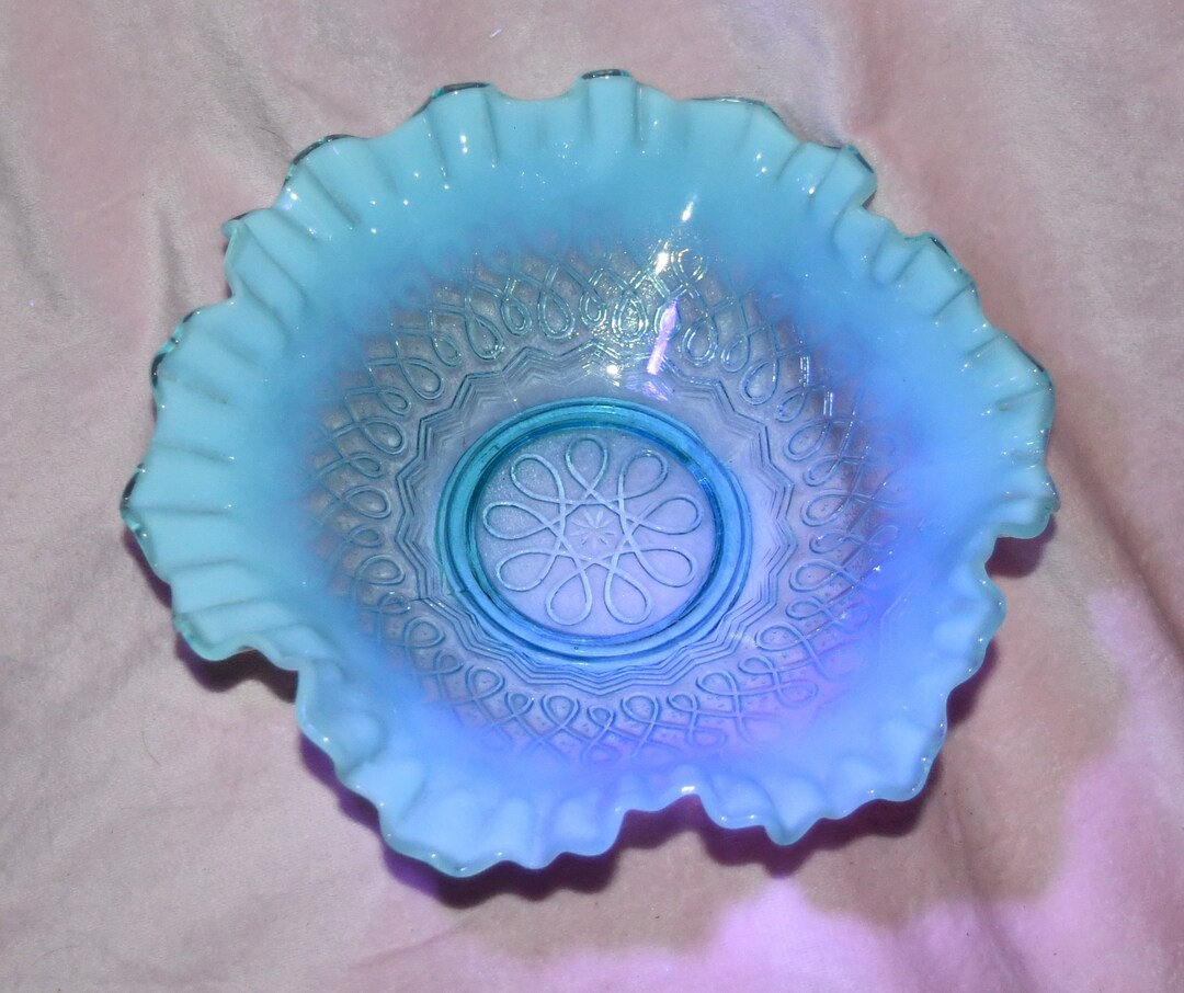 Vintage Jefferson Glass Aqua Blue Opalescent Fluted Ruffle Bowl - Many ...