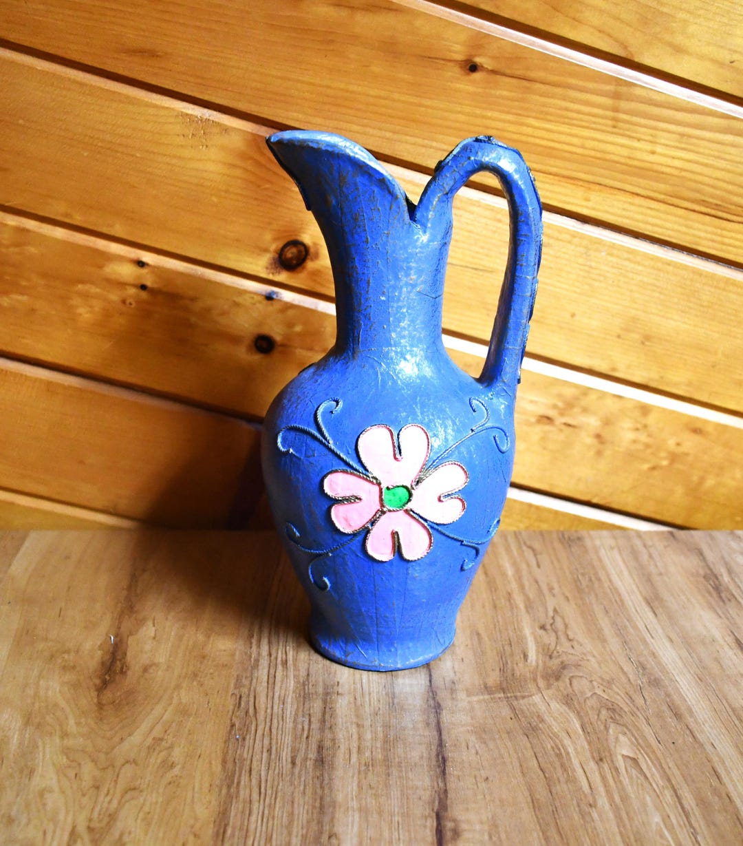 Vintage Mexico Pottery/stoneware Pitcher/vase - Pretty Blue With Raised ...