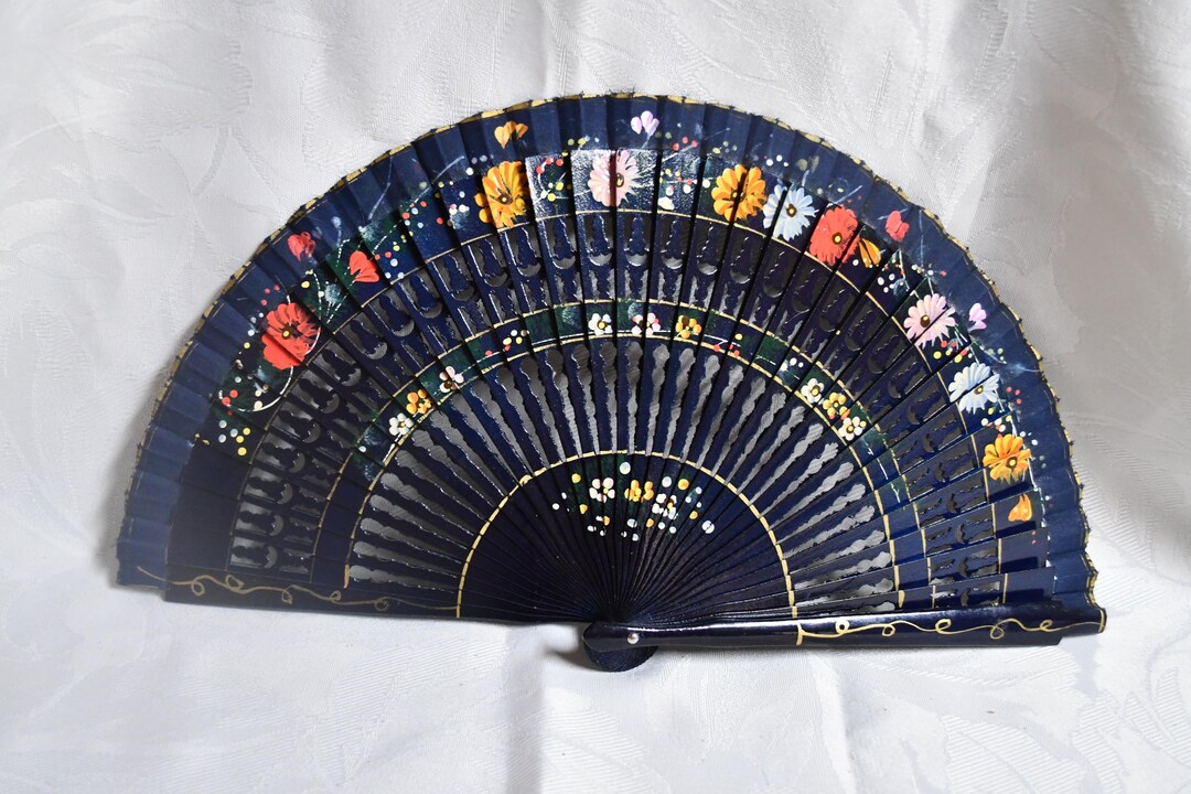 Vintage Asian Hand Fan - Blue With Multi Colored Hand Painted Flowers ...