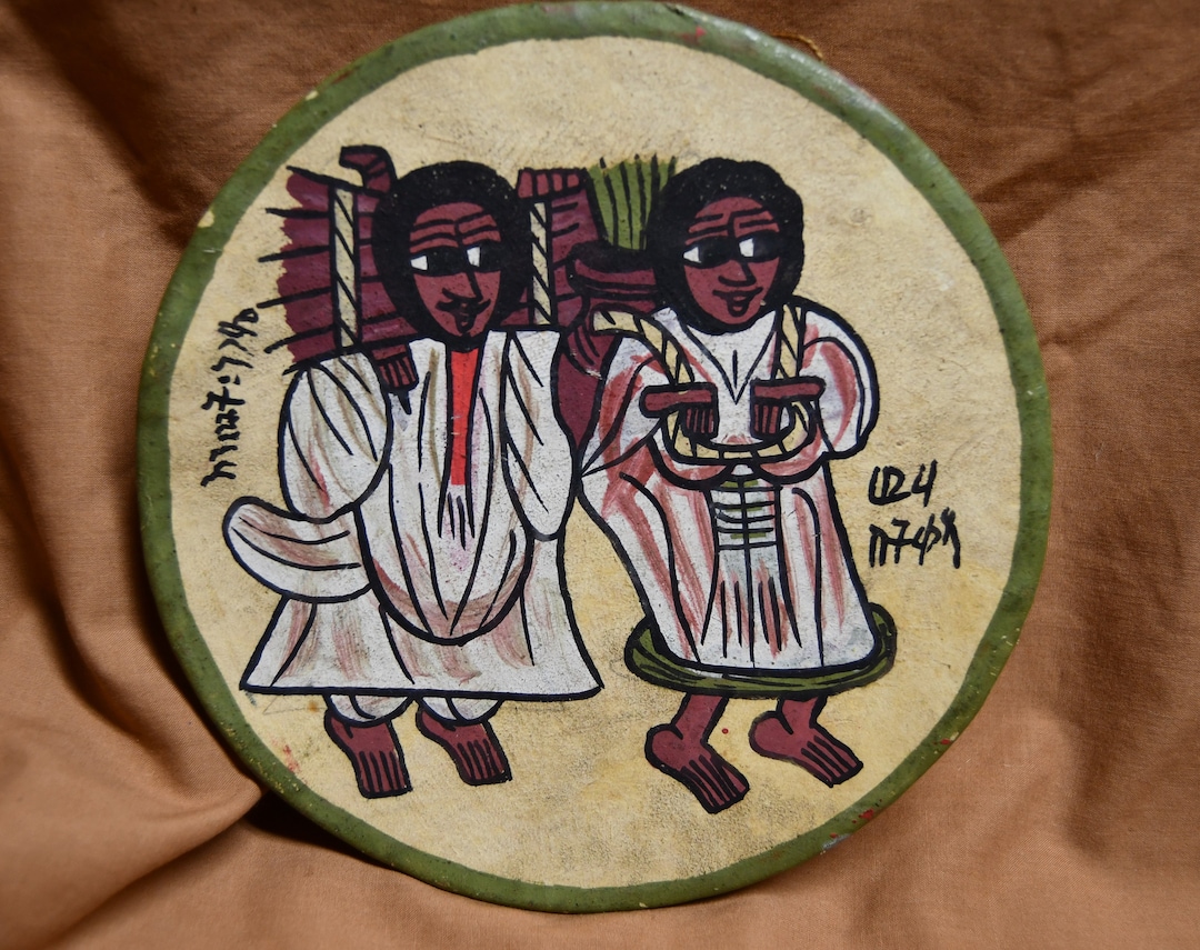 Vintage Middle Eastern / Ethiopian Coptic Hand Painted Stretched Animal ...