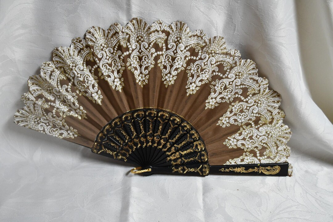 Vintage Asian Hand Fan- Brown, Black, White & Gold Sparkly Design ...