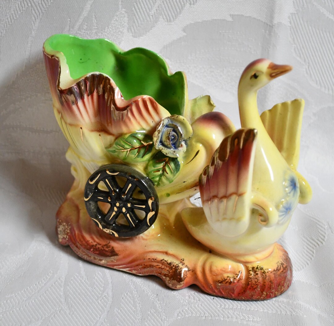 Vintage 1960 Ceramic Swan/duck Pulling A Cart With Raised Flowers on ...