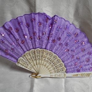 Vintage Asian Hand Fan- Gold, Purple and White With Multi-colored ...