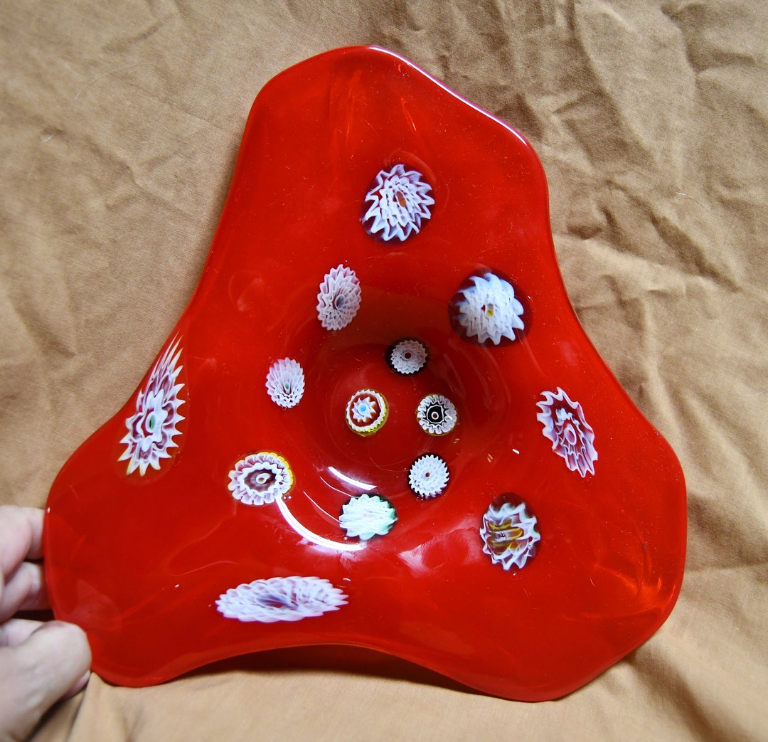 Large Vintage Murano Blood Red Glass Millefiori Opalescent Bowl / Candy ...