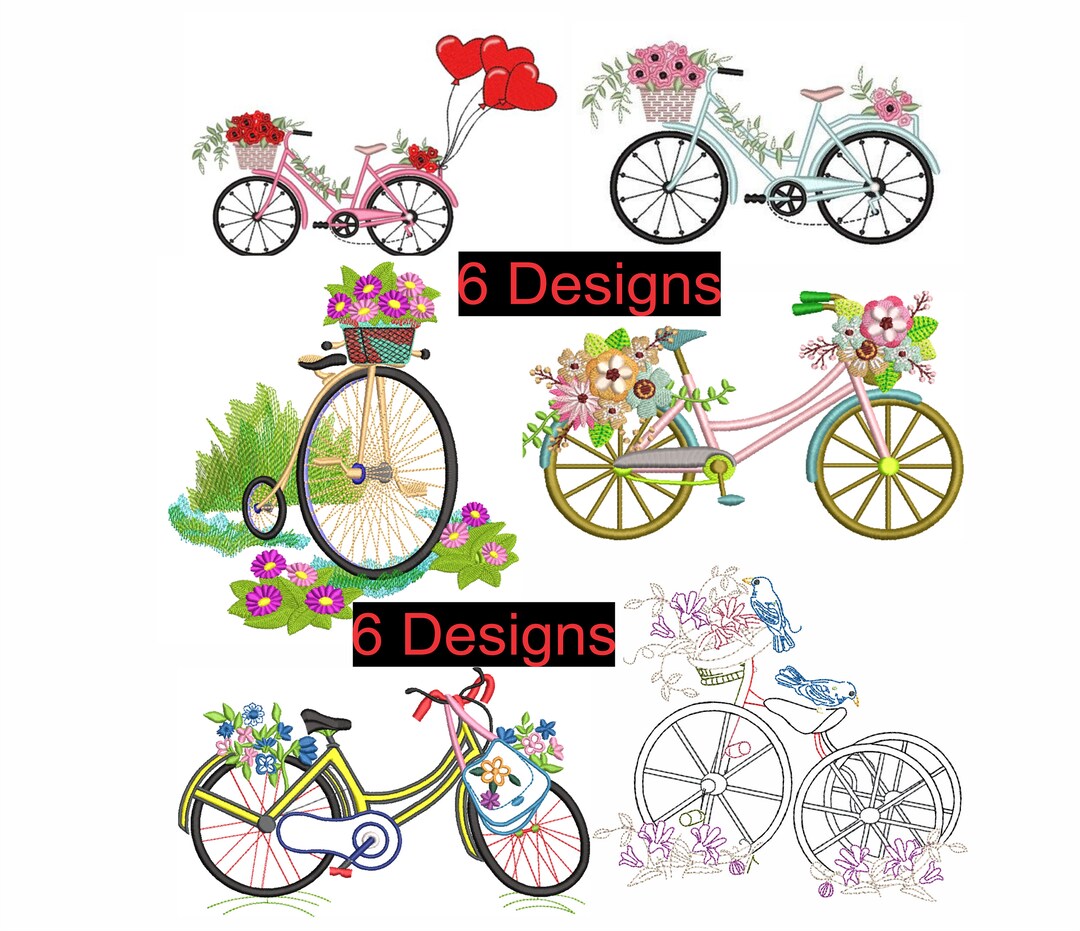 Bicycle Embroidery Design /six Bicycles With Flowers in Basket ...