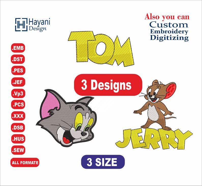 Tom and Jerry Embroidery Designs/3 Designs & 3 Size/love Embroidery ...