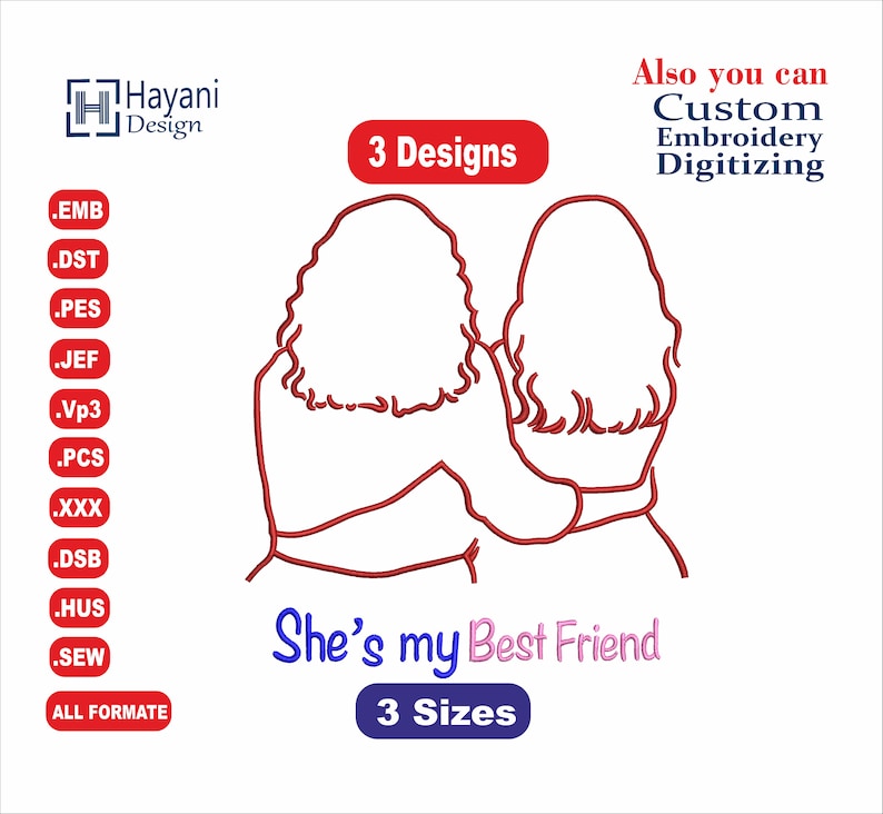 Best Friend Line Art Embroidery Designs/3 Designs /she's My Best Friend ...