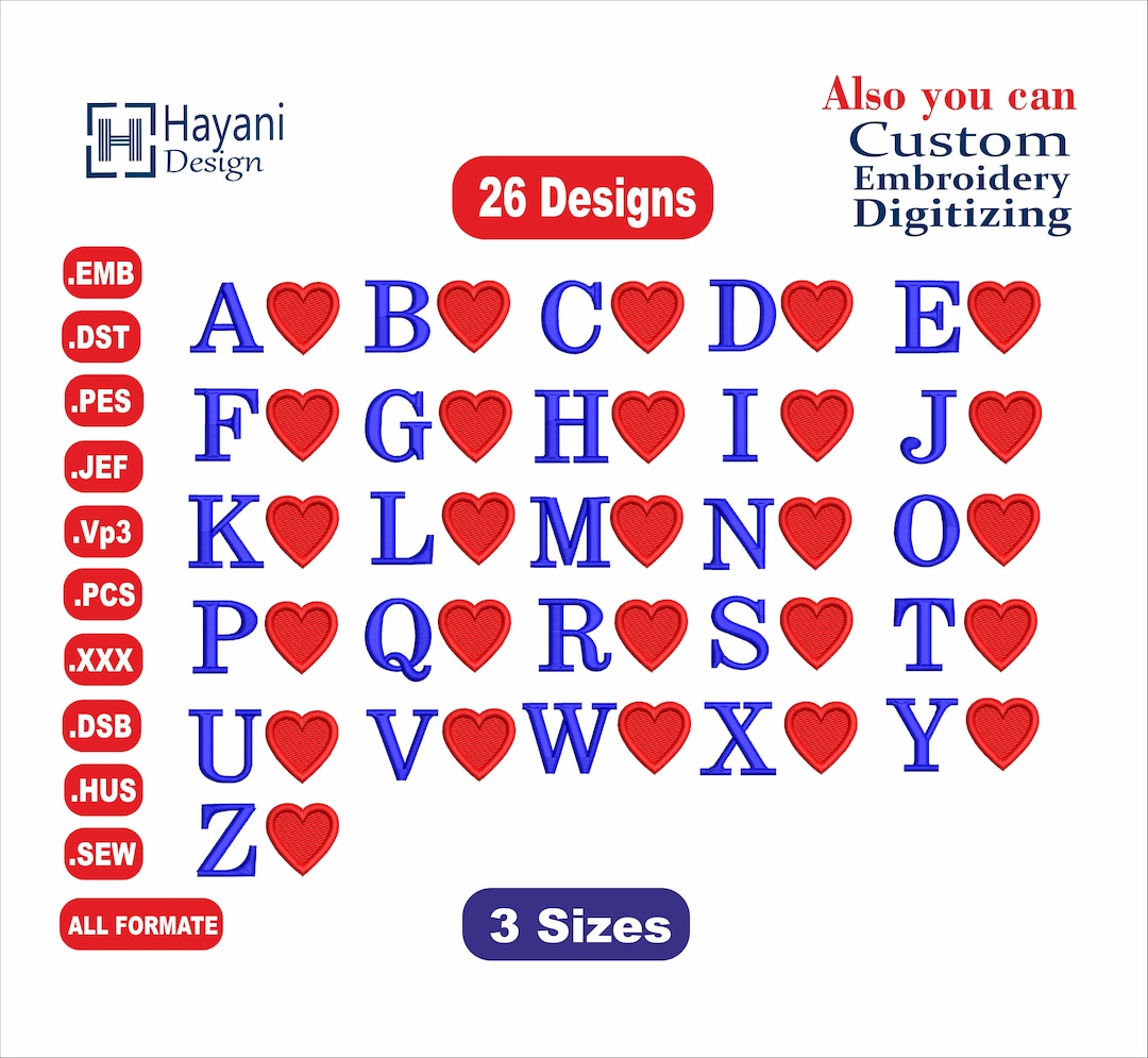 Alphabet and Heart /letters Heart /A to Z Embroidery Designs/3 Sizes-1. ...