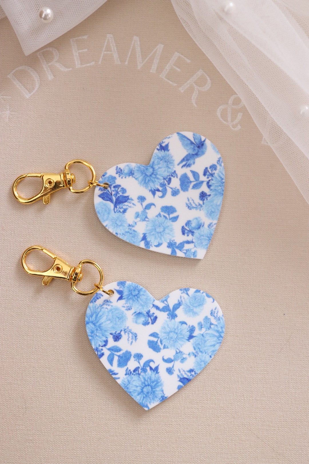 Blue & White Floral Heart Bag Charm/ Keychain, Wedding, Bridesmaid Gift ...