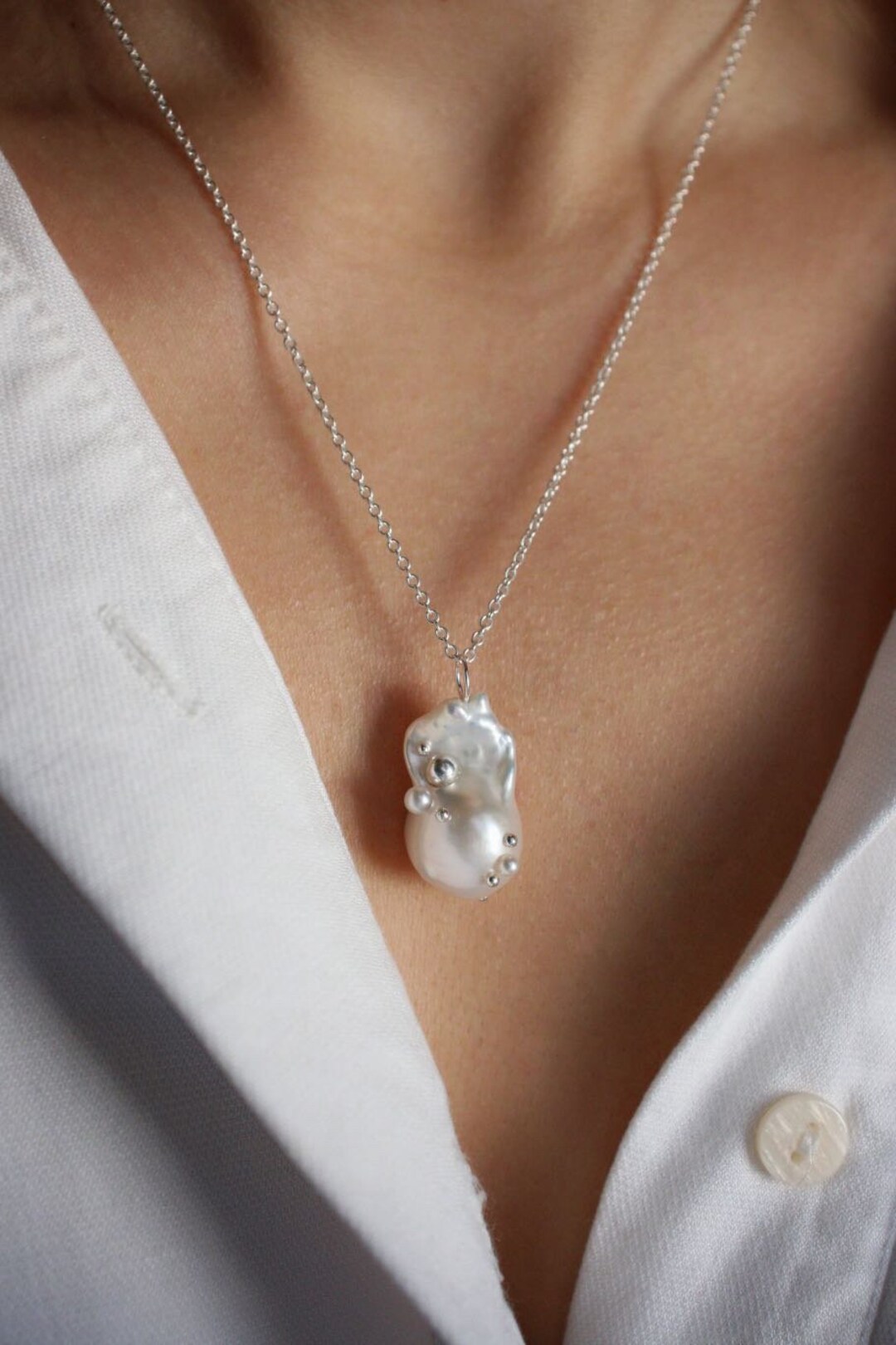 Sterling Silver Baroque Pearl Pendant Necklace: Silver Drops - Etsy ...