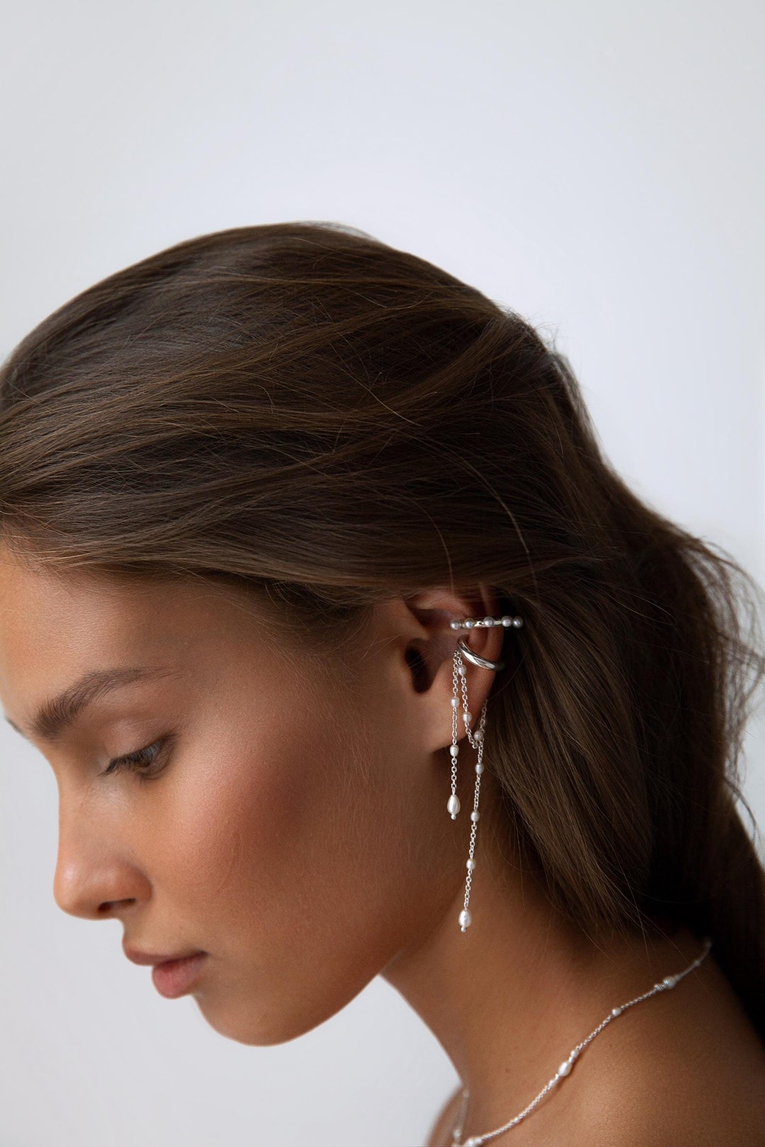 Long Ear Cuff With Pearl, Ear Cuff Chain, Silver Dangle Ear Cuff, Fake ...