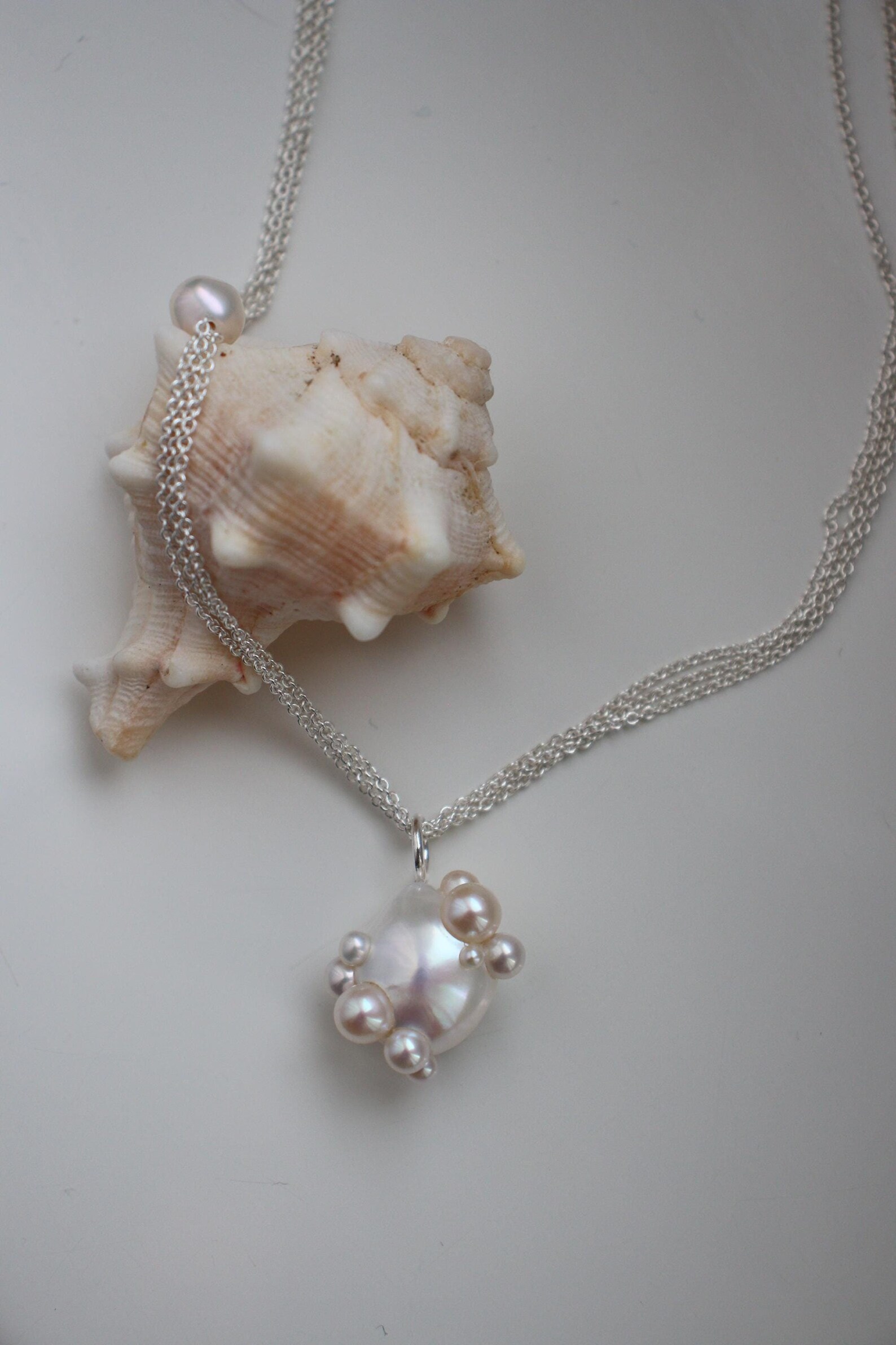 Baroque Pearl Pendant Necklace: Sterling Silver Triple Chain - Etsy