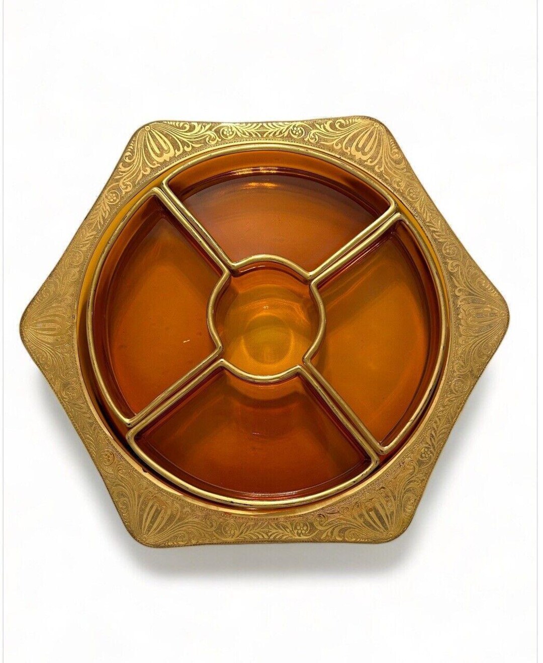Vtg MCM Amber Glass Gold Guild Scroll Trim Divided Veggie Relish ...
