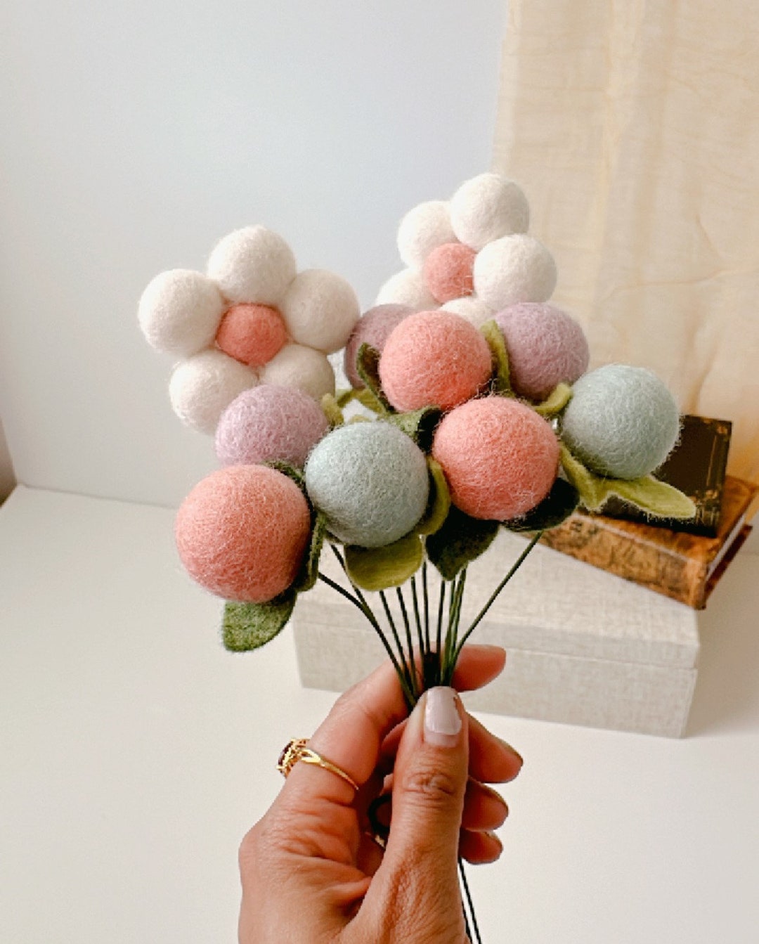 Felt Flower Pastel Bouquet, White Daisies, Pom Pom Bouquet, Every Day ...