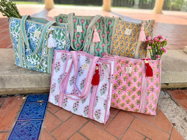 Hand Block Printed Cotton Quilted Tote Bag, Boho Floral Shopping and ...