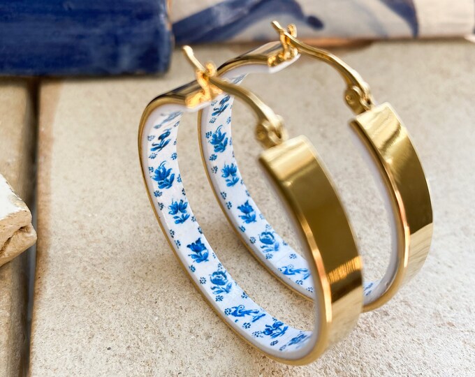Golden Hoops With Portuguese Tiles, Delft Tile Hoop Earrings ...