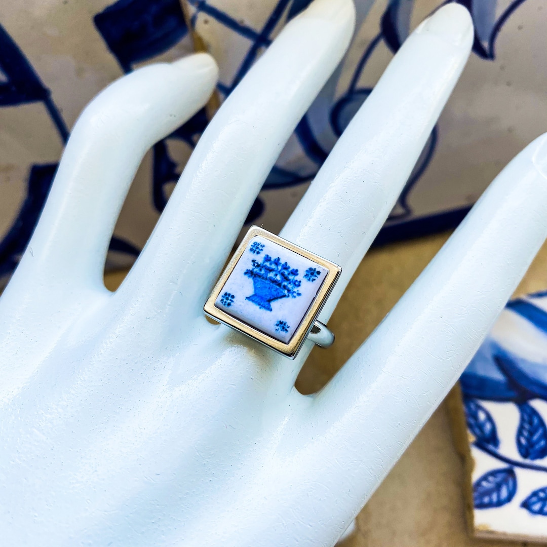 Portugal Tile Ring, Dainty Square Ring With Blue Delft Tiles, Trending ...