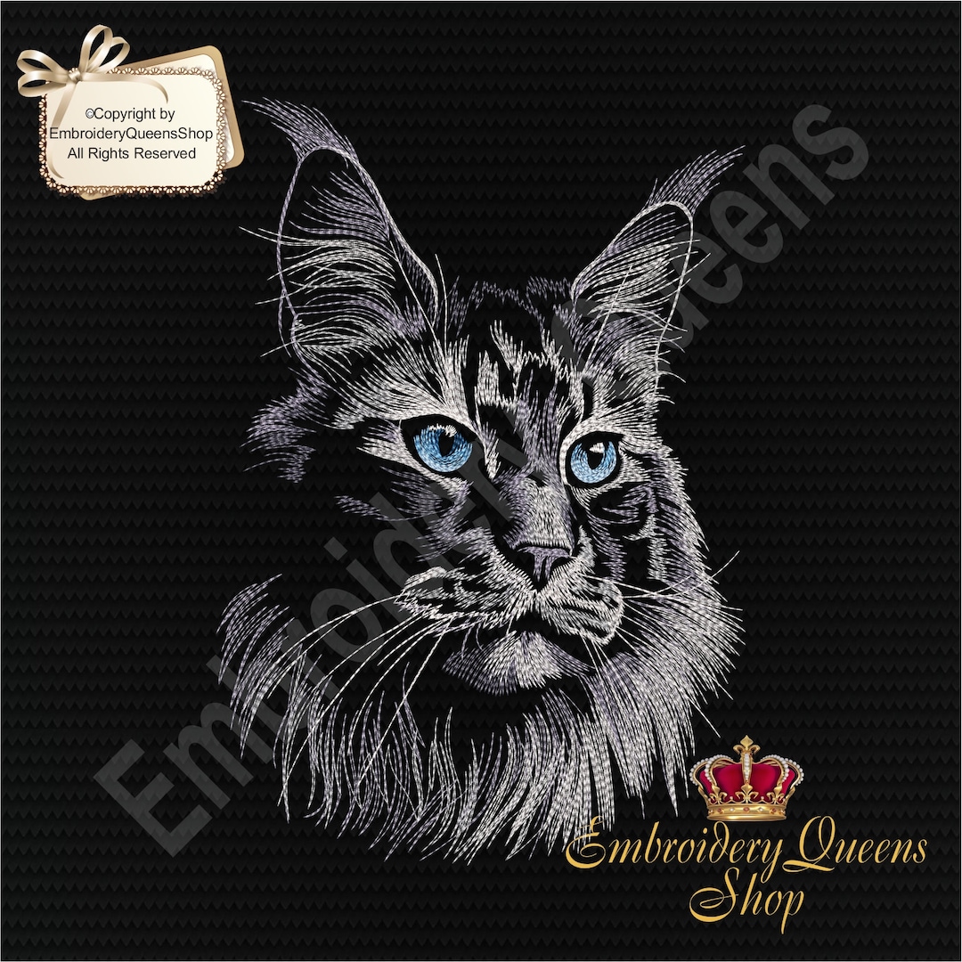 Maine Coon Cat Machine Embroidery Design for Dark Garment 5 Sizes to ...