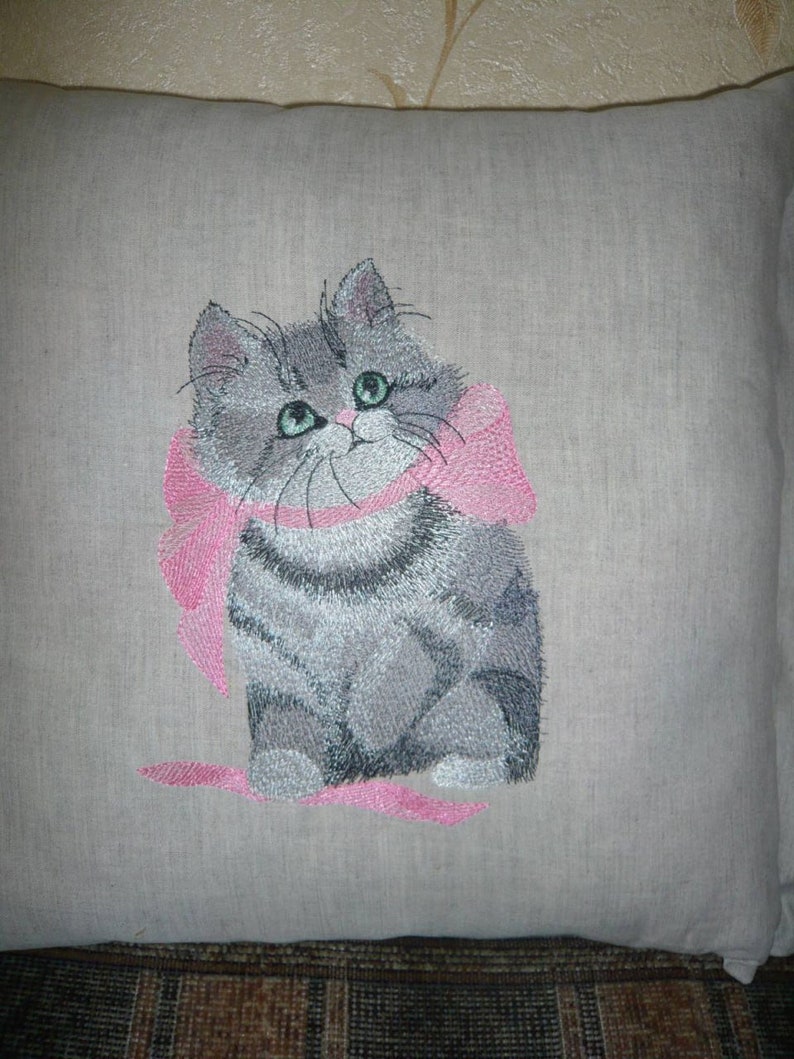 Cute Cat Machine Embroidery Design Pink Ribbon Kitten 3 Sizes - Etsy