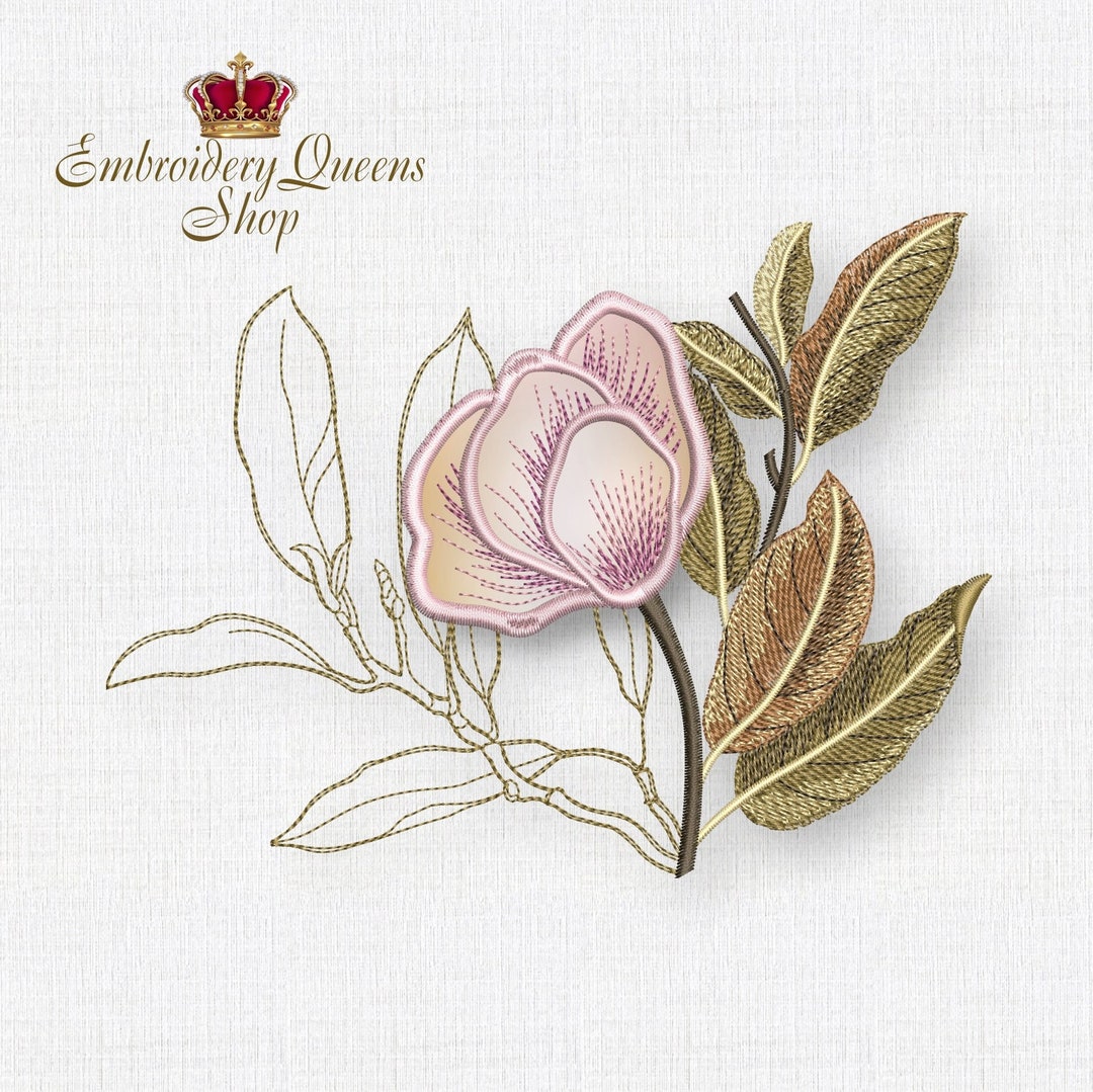Magnolia Machine Embroidery Design Applique + Embroidery 4 Sizes to Download Fit 5x7" (130x180mm ...