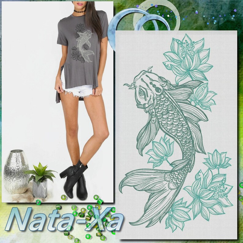 Koi Fish With Water Lilies Machine Embroidery Design Arowana 2 Sizes ...