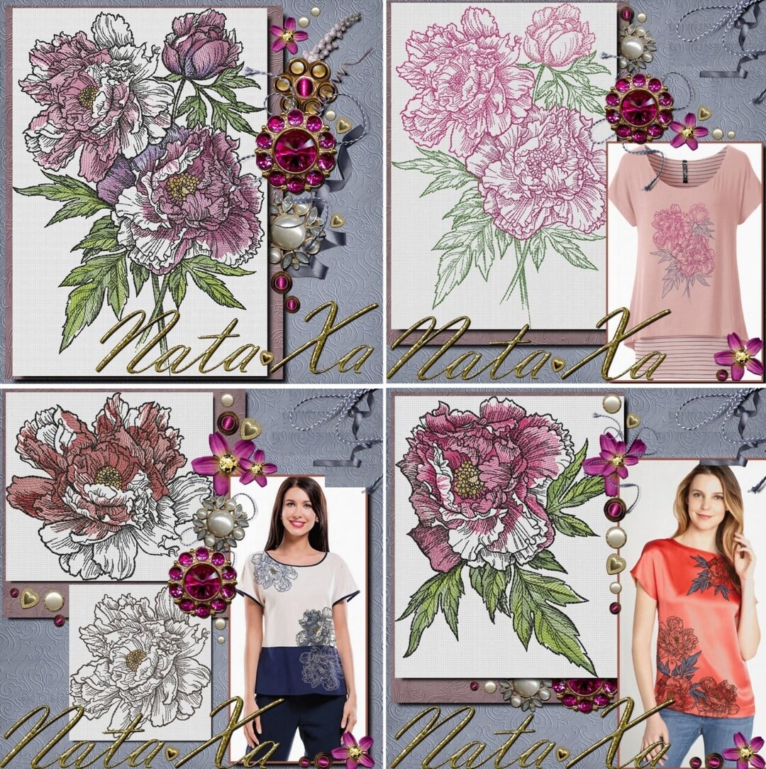 Peony Machine Embroidery Designs Set of 7 Designs. 4 Bouquet ...