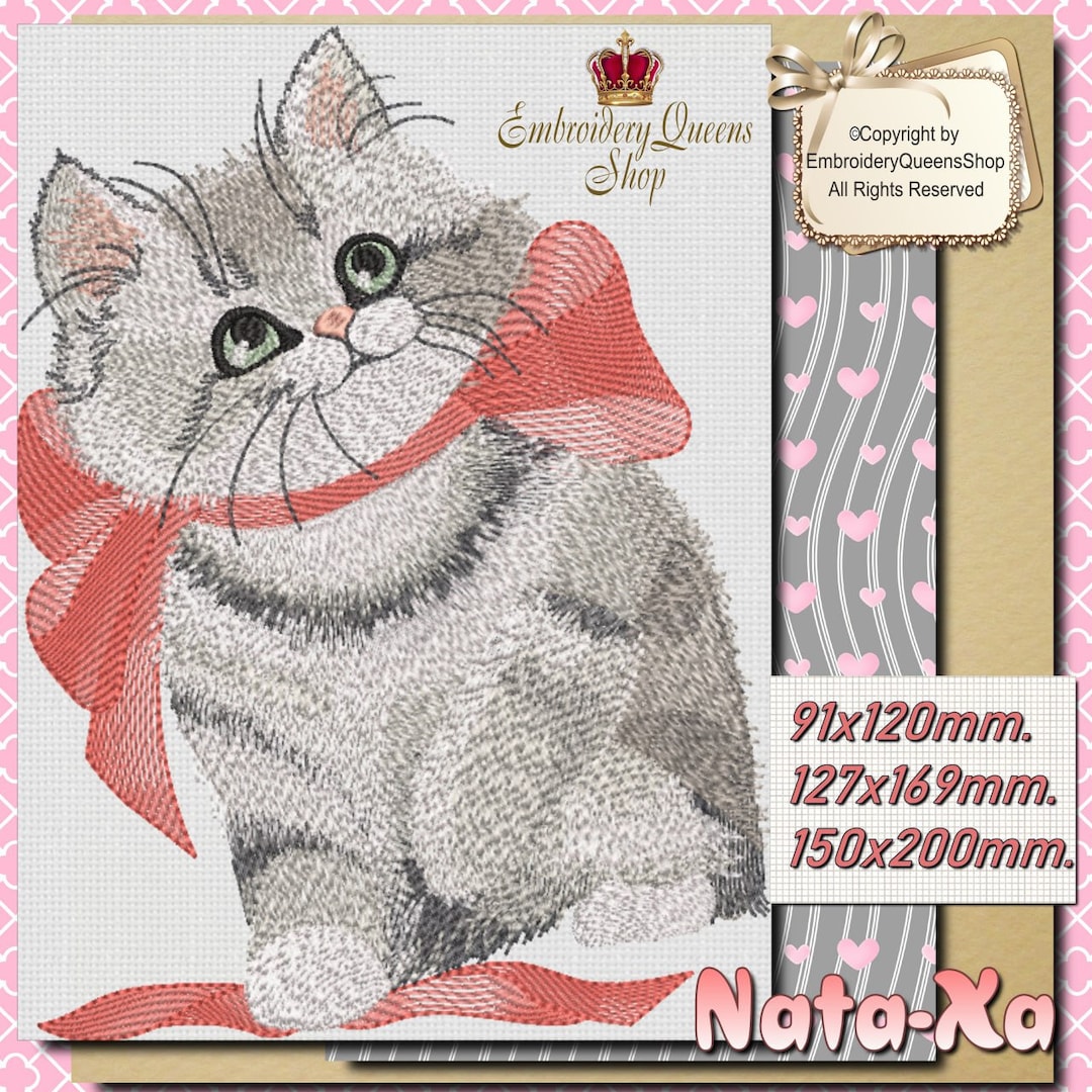 Cute Cat Machine Embroidery Design Pink Ribbon Kitten 3 Sizes to ...