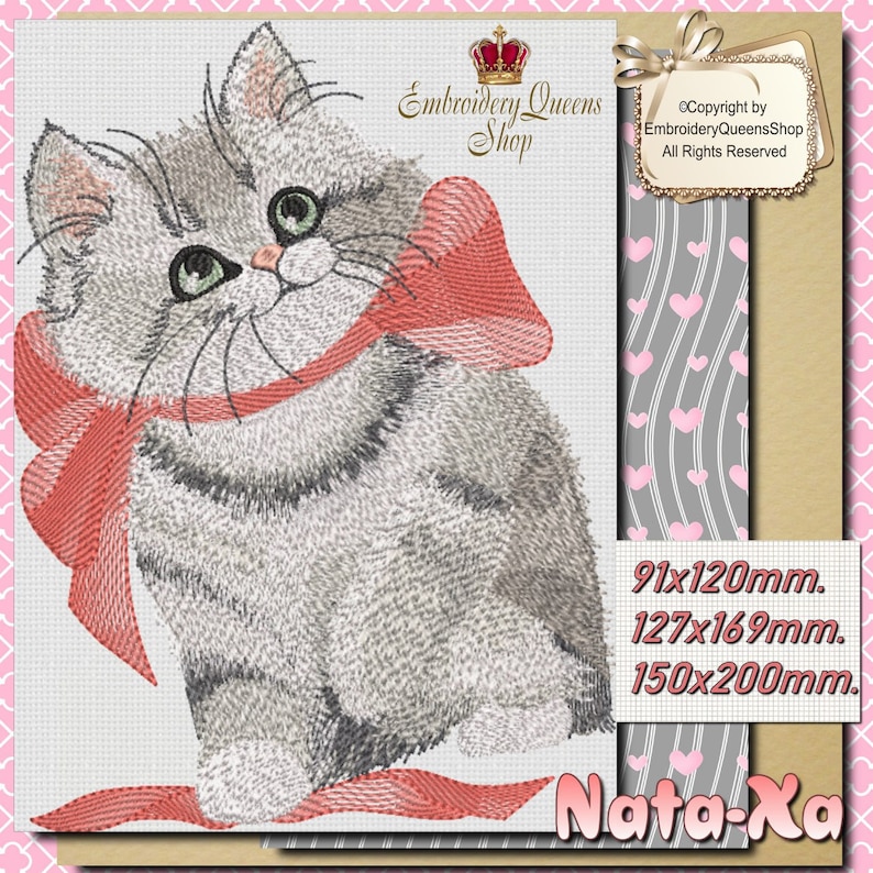 Cute Cat Machine Embroidery Design Pink Ribbon Kitten 3 Sizes - Etsy
