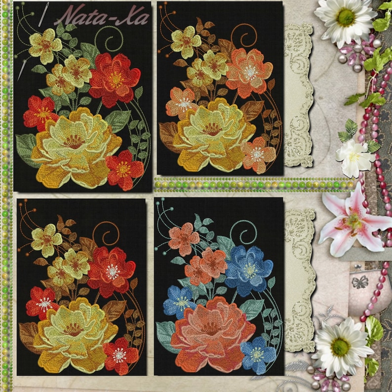 Japanese Roses Bouquet Composition Machine Embroidery Design Bright ...