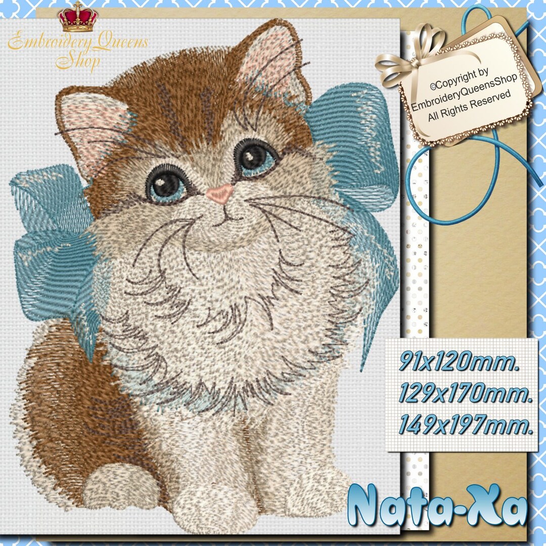 Cute Cat Machine Embroidery Design Blue Ribbon Kitten 3 Sizes to ...