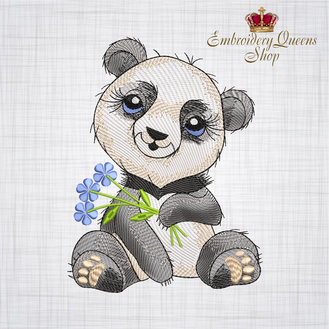 Cute Baby Panda Bear With Flowers Machine Embroidery Designs Instant ...