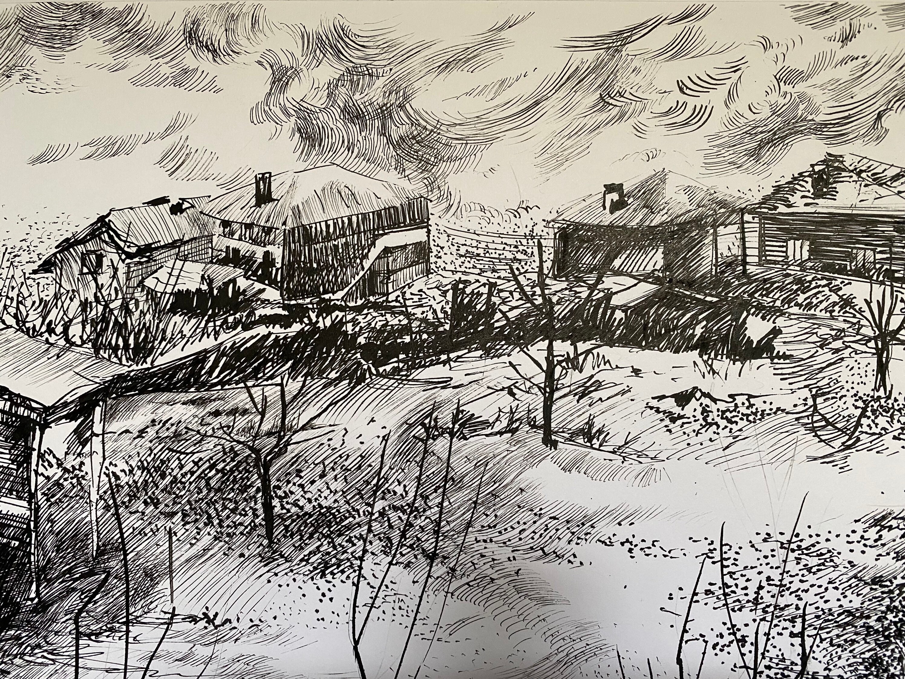 Pen&ink Original Drawing.winter Landscape Art.silent Night in the ...