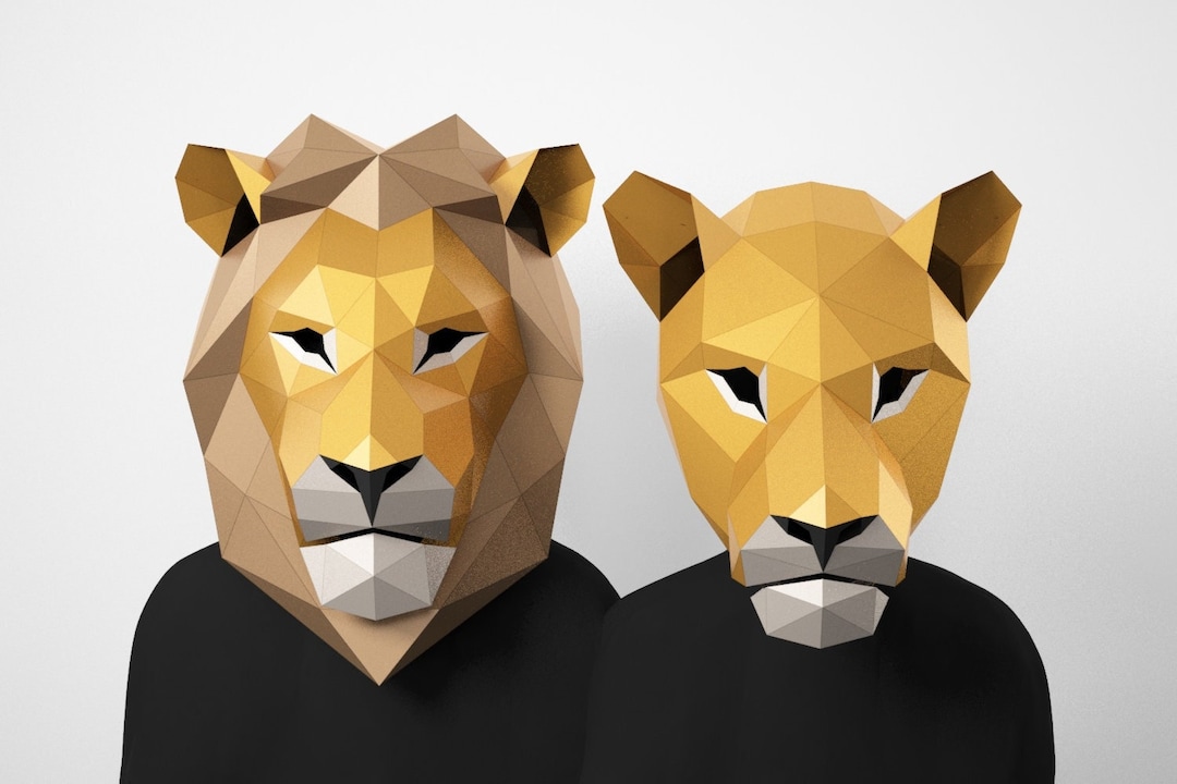 Masks of the Lion and Lioness, Low Poly, Paper Craft Mask, Pdf Template ...