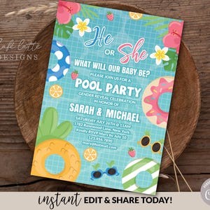 Pool Party Gender Reveal Invitation Editable Template Printable, He or ...