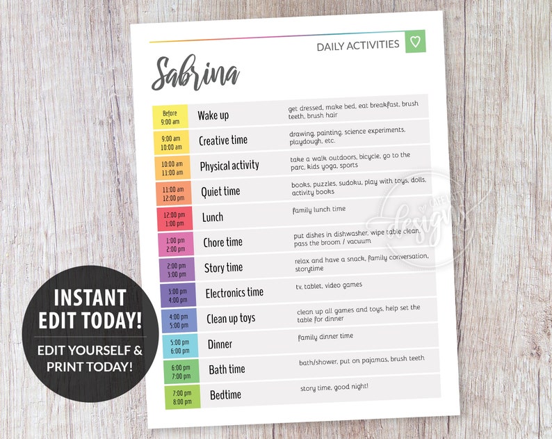 Editable Daily Planner Chore Chart Multicolor Kids | Etsy