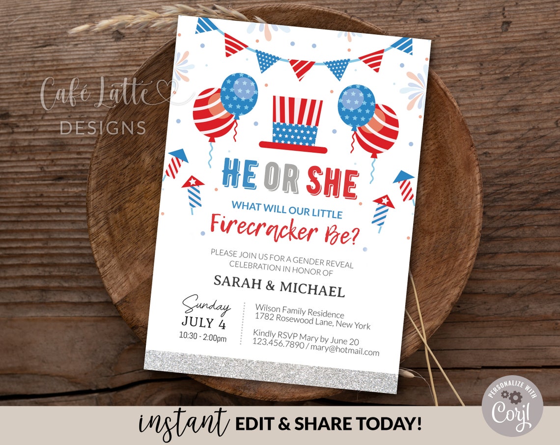 4th of July Gender Reveal Invitation Editable Template | Printable ...