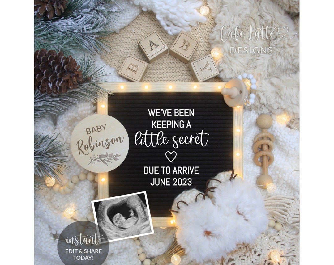 Digital Winter Pregnancy Announcement for Social Media, Boho Gender ...