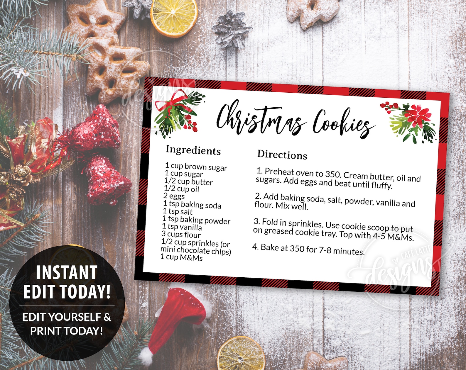 Christmas Recipe Cards Editable Printable, Xmas Cookies Cooking Baking ...