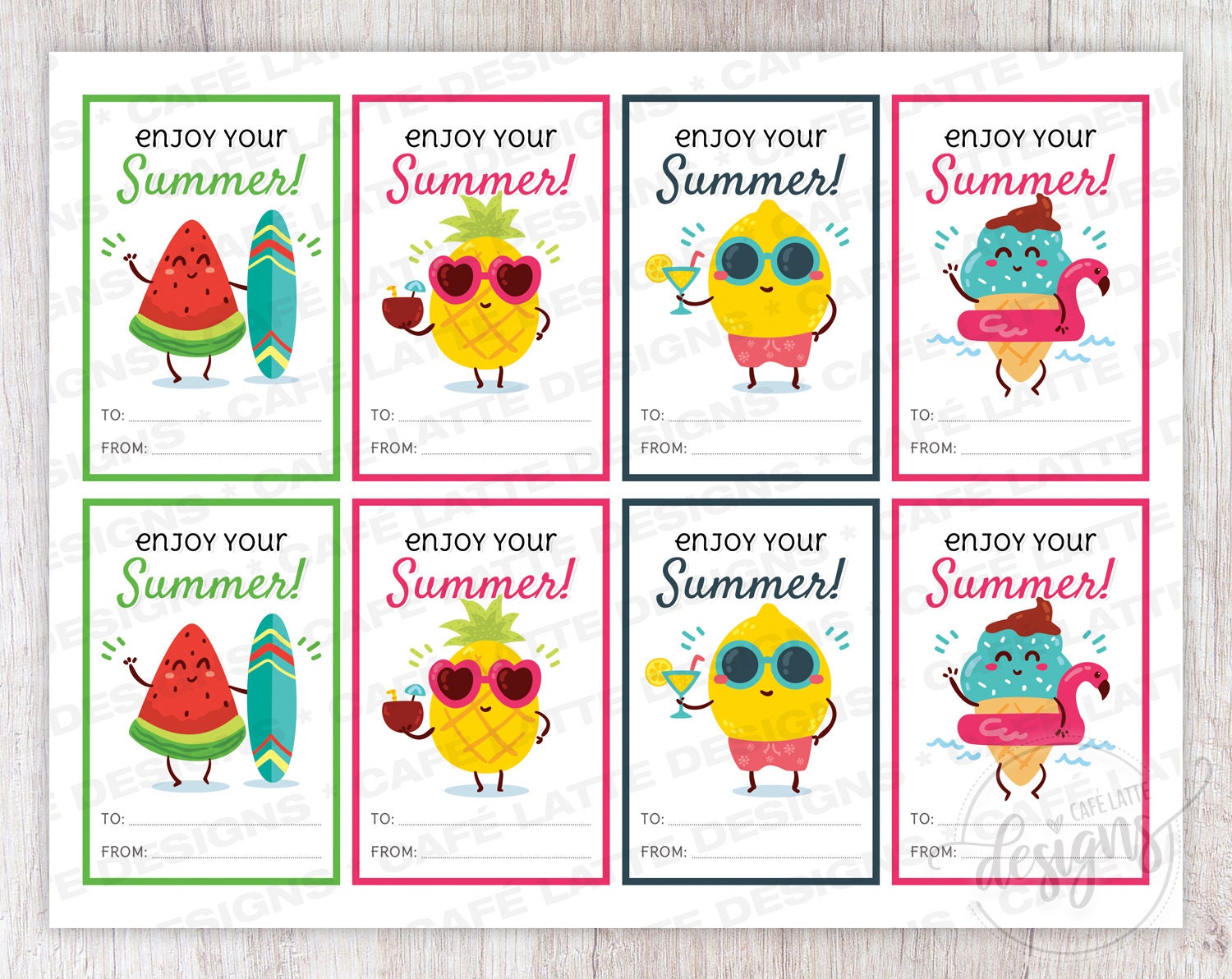 Enjoy Summer Kids Cards, End of School Gift Favor Tags, Printable Cards ...