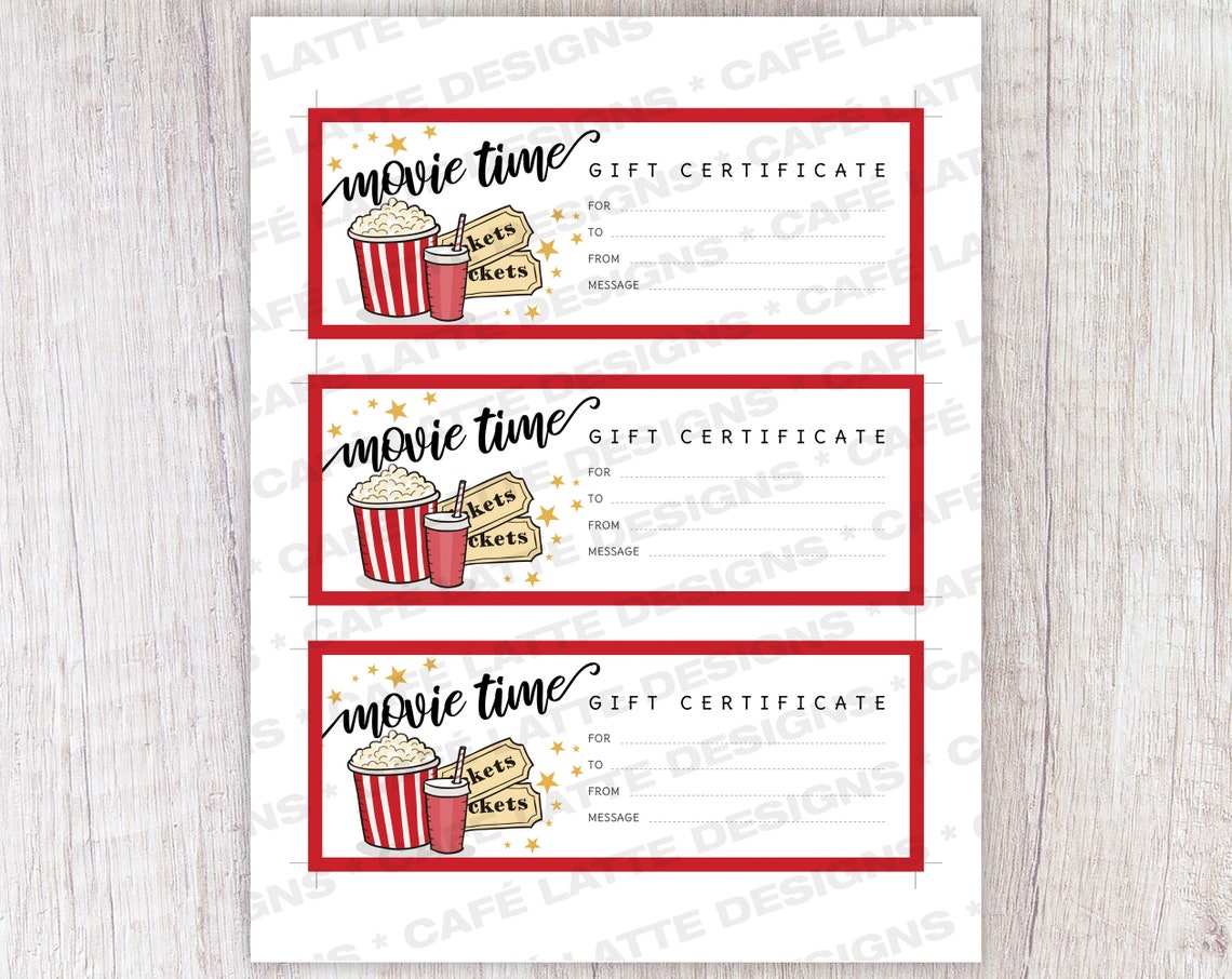 Movie Gift Certificate, Birthday Gift Certificate Printable, Movie Gift ...